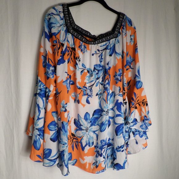 Cato | Tops | Cato Whiteblueorange Floral Print Bell Sleeve Flowy ...